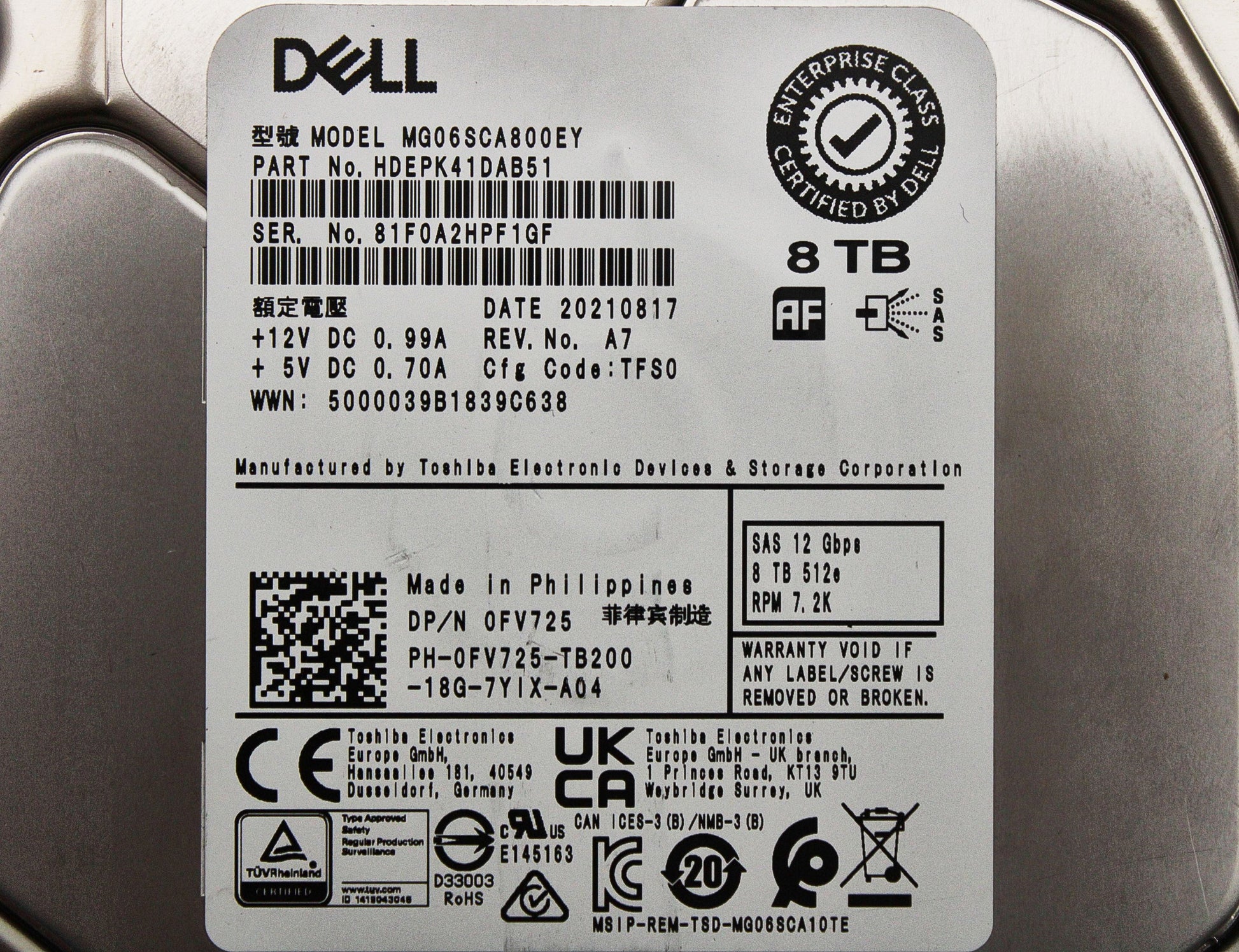 Dell FV725 8TB 7.2K SAS 3.5 12G MG06SCA800EY / HDEPK41DAB51